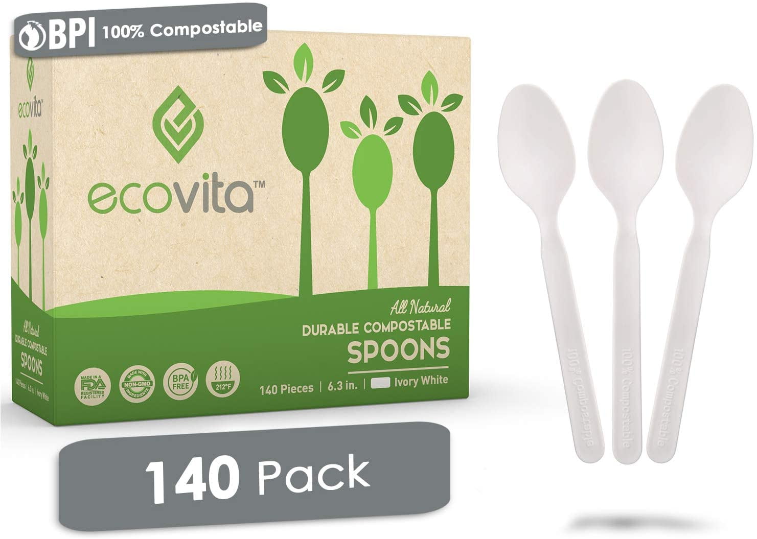 100% Compostable Spoons - 140 Large Disposable Utensils (6.3 in.) Eco ...
