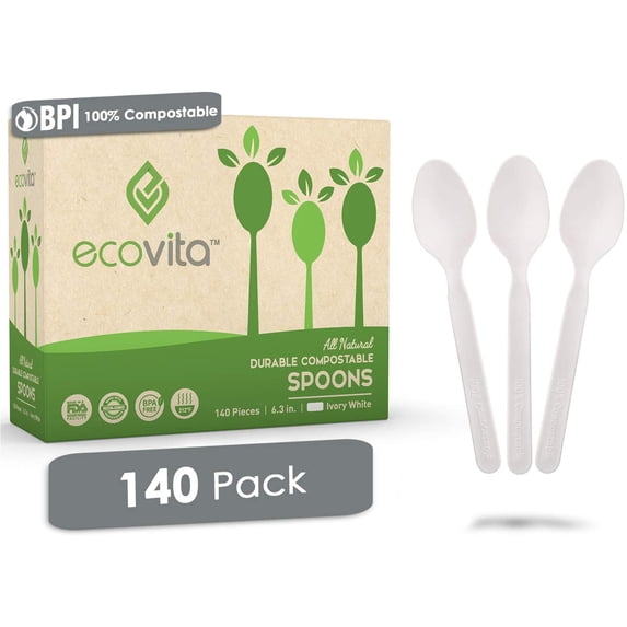 100% Compostable Spoons - 140 Large Disposable Utensils (6.3 in.) Eco ...