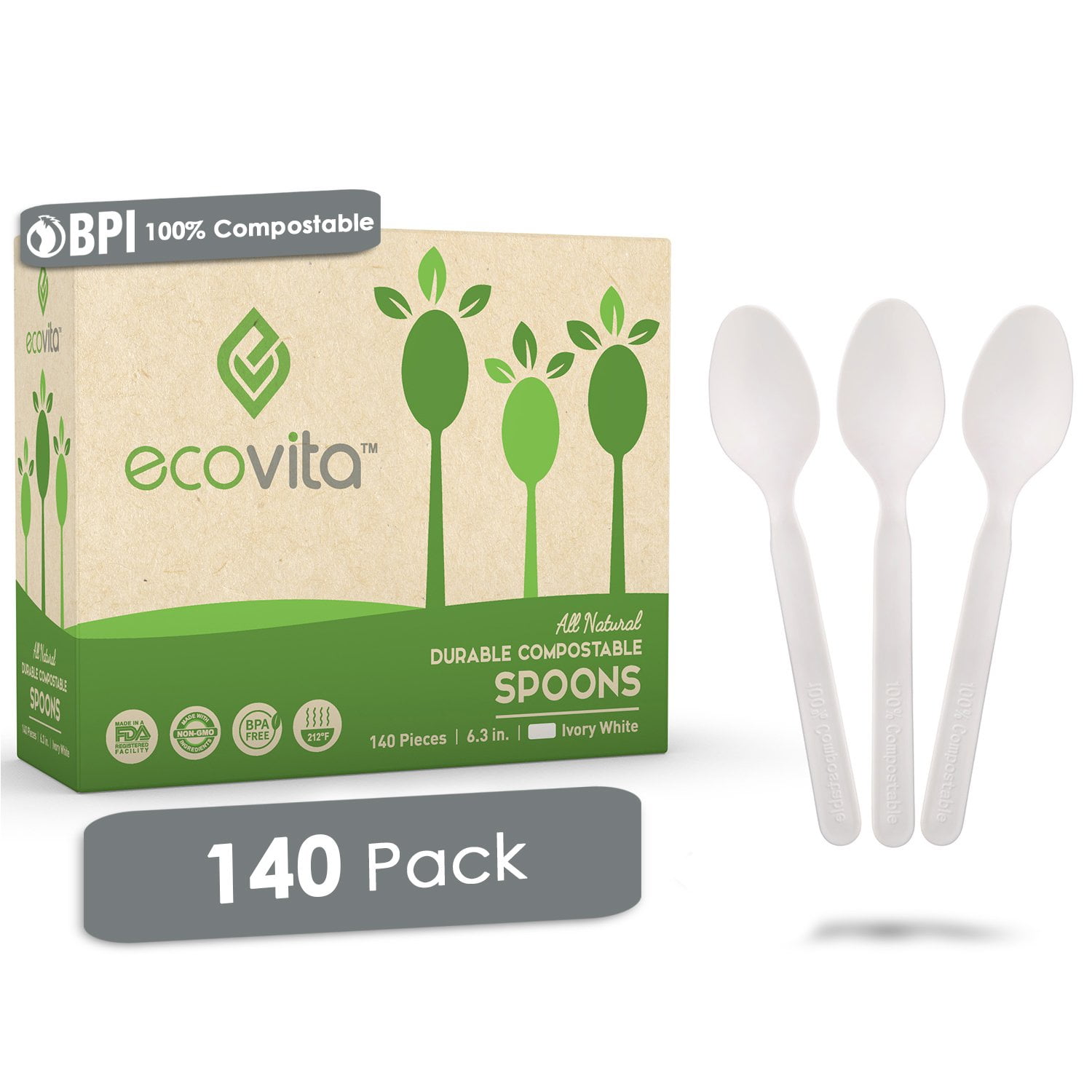 100% Compostable Spoons - Disposable Eco Spoon Utensil Sets 140 PCS ...