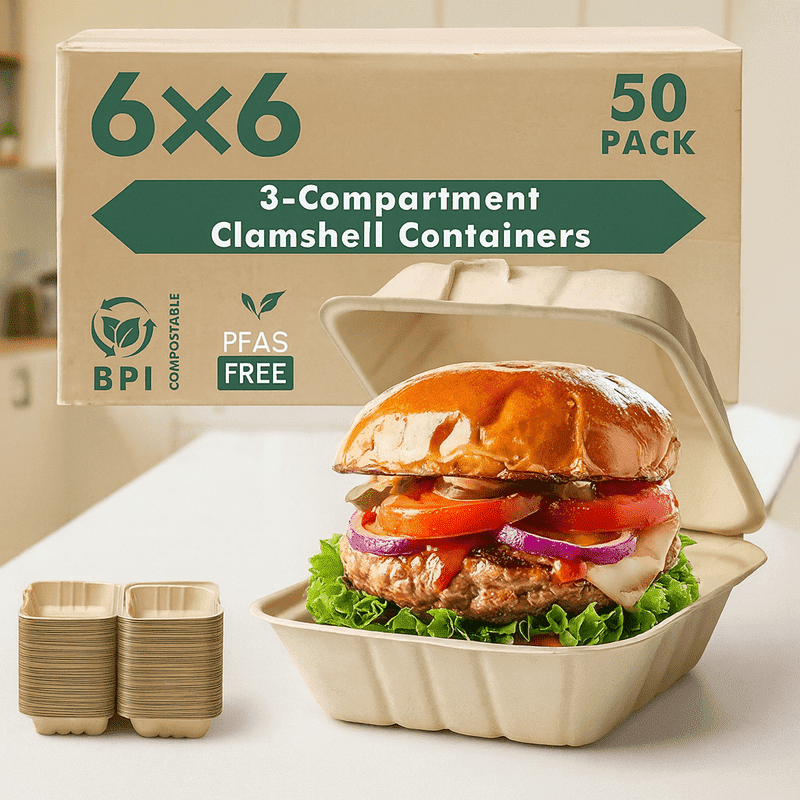 100% Compostable To-Go Food Containers with Lids, 6x6 Clamshell Takeout ...