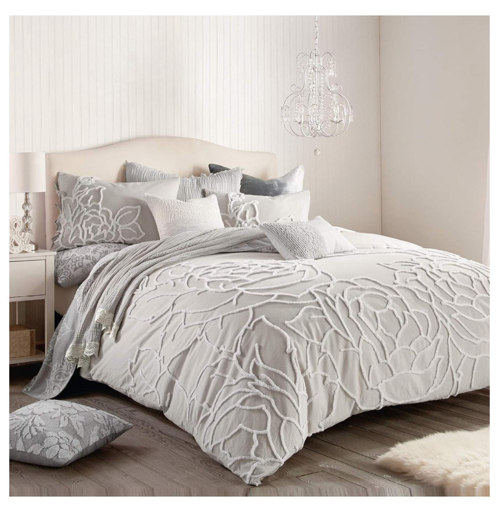 100% Cotton 3-Piece Comforter and Sham Set (Grey Chenille Rose, King ...