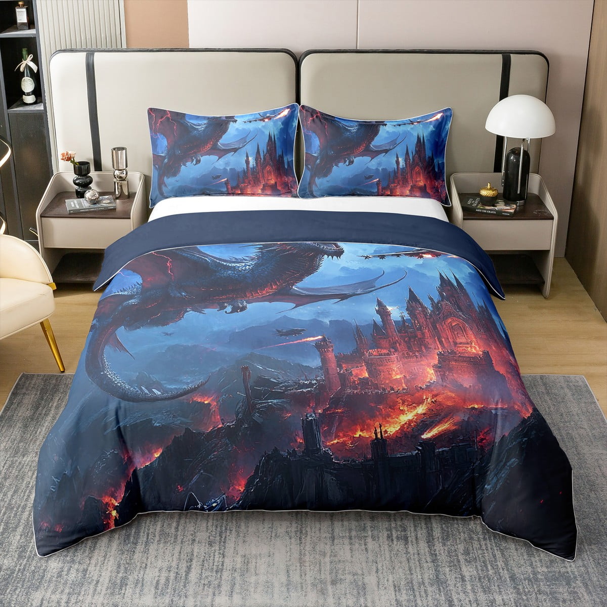 100% Cotton 3D Dragon Duvet Cover King,Fantasy Dragon Castle Comforter ...