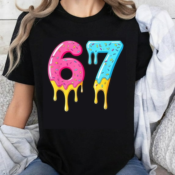 100% Cotton 67th Birthday Donut Number Fun Candy Dripping Icing Design ...