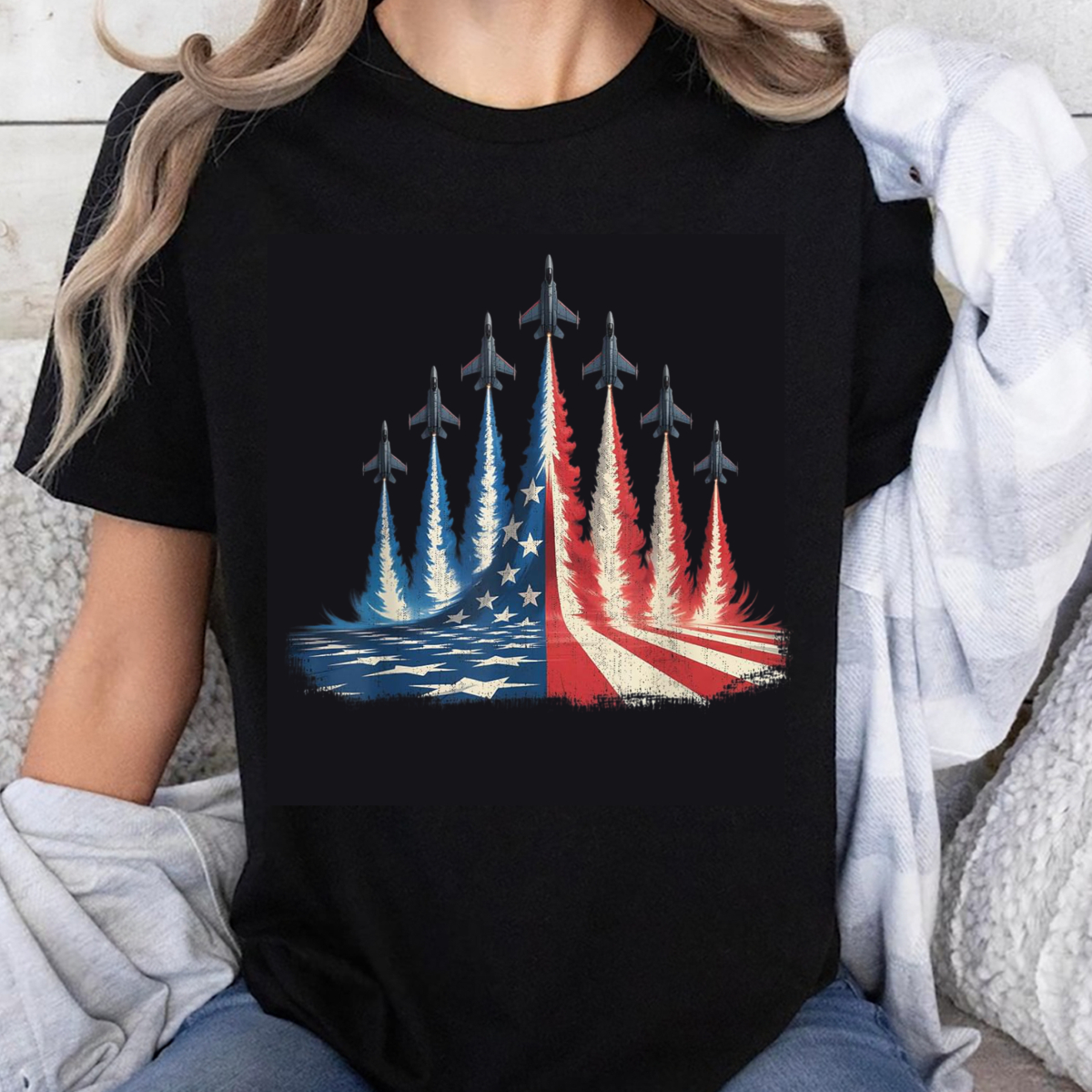 100% Cotton American Flag Jet Fighter T-Shirt Patriotic Military ...