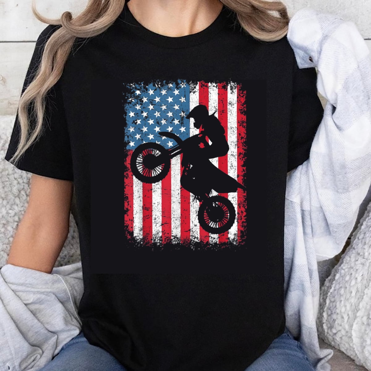 100% Cotton American Flag Motocross Rider Graphic T-Shirt for Men Women ...