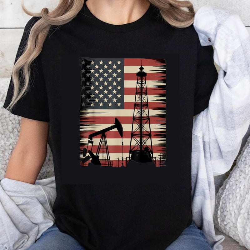 100% Cotton American Flag Oil Rig Energy Industry USA Patriotic Design ...