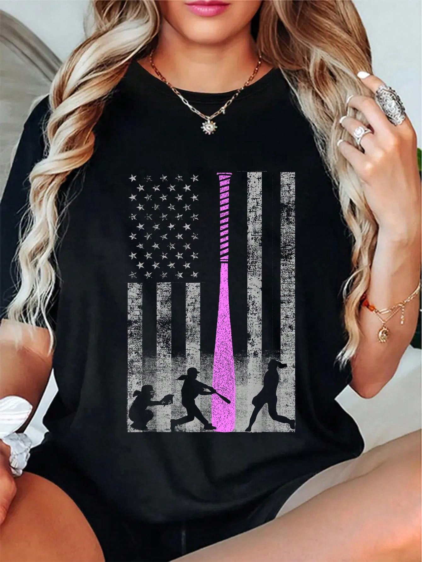 100% Cotton American Softball Flag T-Shirt - Players And Pink Bat T ...