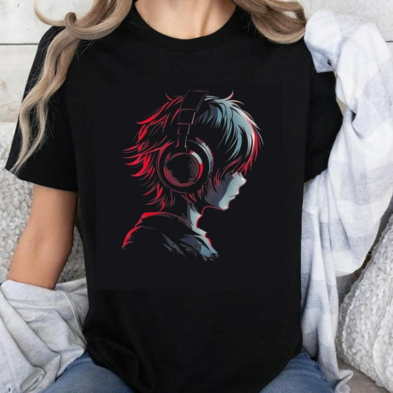 100% Cotton Anime Music Lover Headphones Red Blue Hair Side Profile Art ...