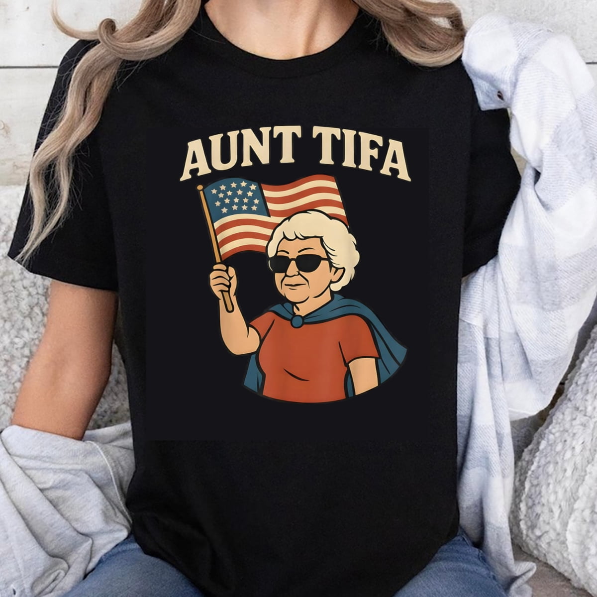 100% Cotton Aunt Tifa American Flag Patriotic Women's T-Shirt Funny ...
