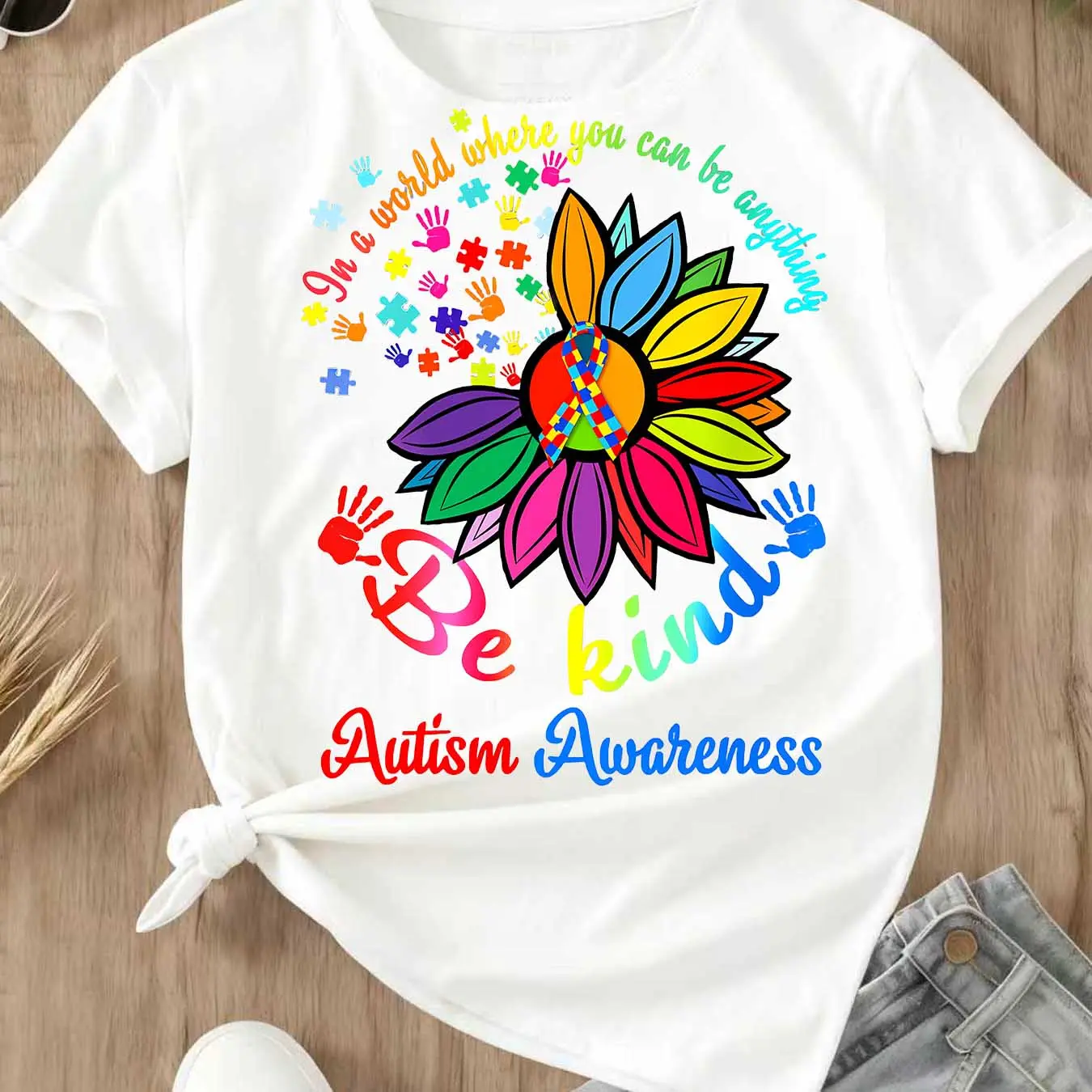 100% Cotton Autism Awareness Flower With Rainbow Puzzle Pieces And Be ...