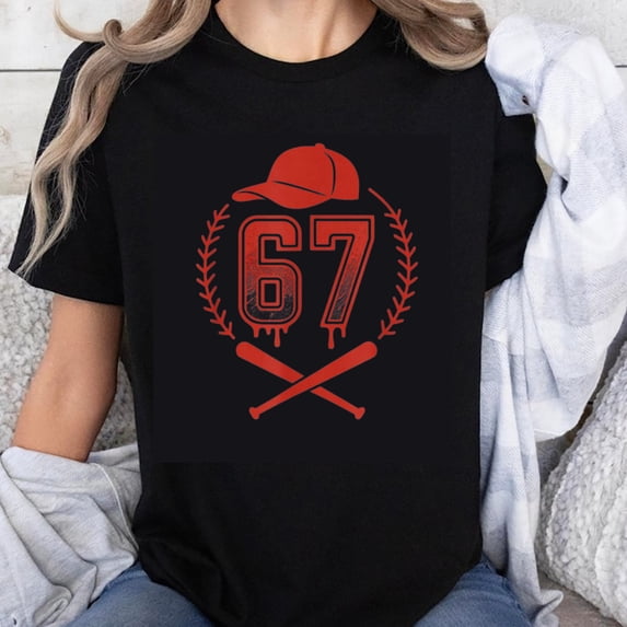 100% Cotton Baseball 67 Number Design With Cap And Crossed Bats Graphic ...