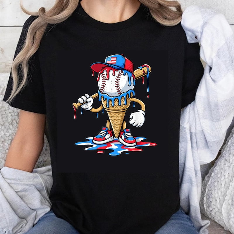 100% Cotton Baseball Ice Cream Character With Bat T-Shirt - Walmart.com