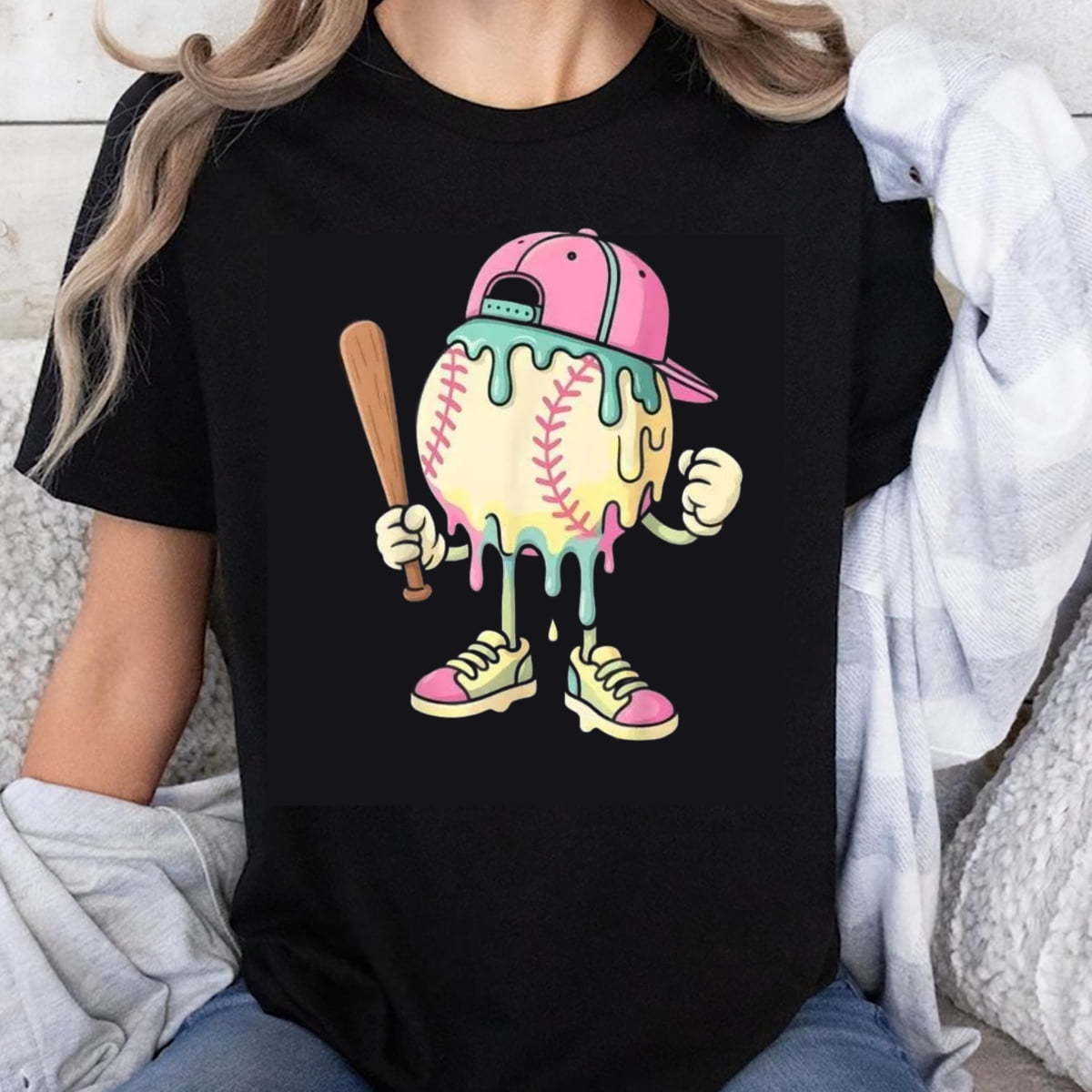 100% Cotton Baseball Softball Cartoon Character T-Shirt with Pink Cap ...