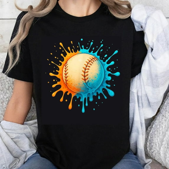 100% Cotton Baseball Splash Orange Blue Design T-Shirt - Walmart.com