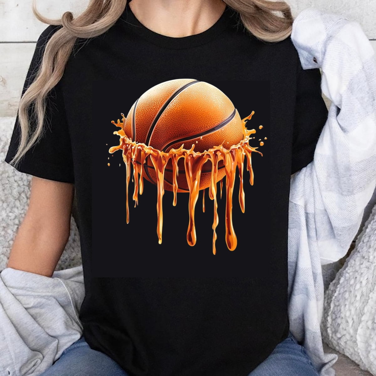 100% Cotton Basketball Dripping Orange Juice Graphic T-Shirt for Men ...
