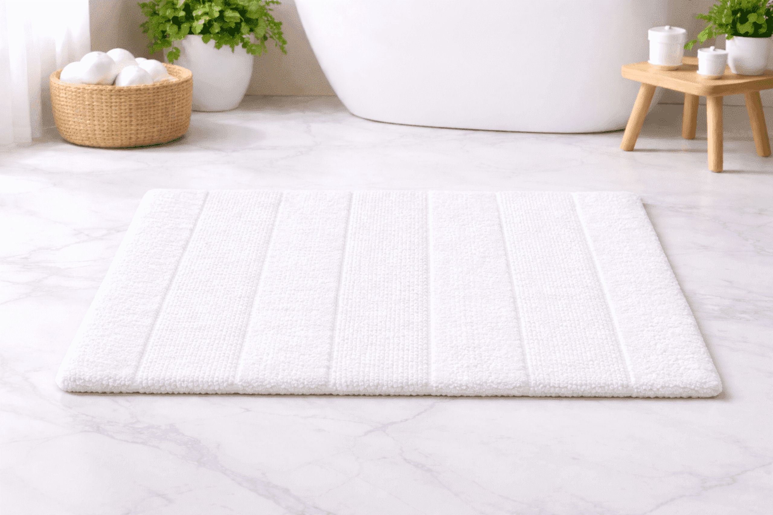 100% Cotton Bath Mat – Striped, White, Reversible, Easy-care Machine ...