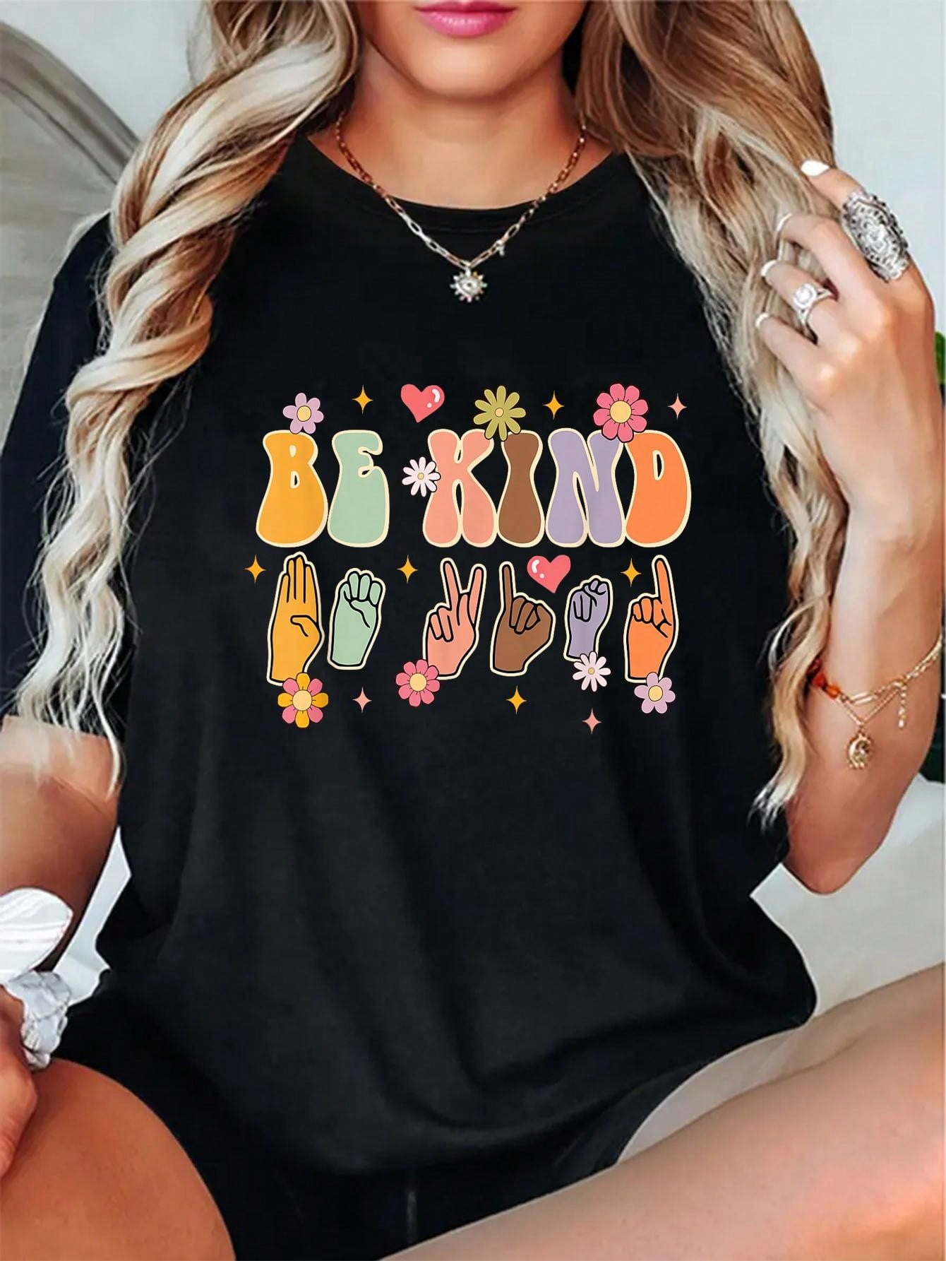 100% Cotton Be Kind American Sign Language ASL Teacher Kindness Groovy ...