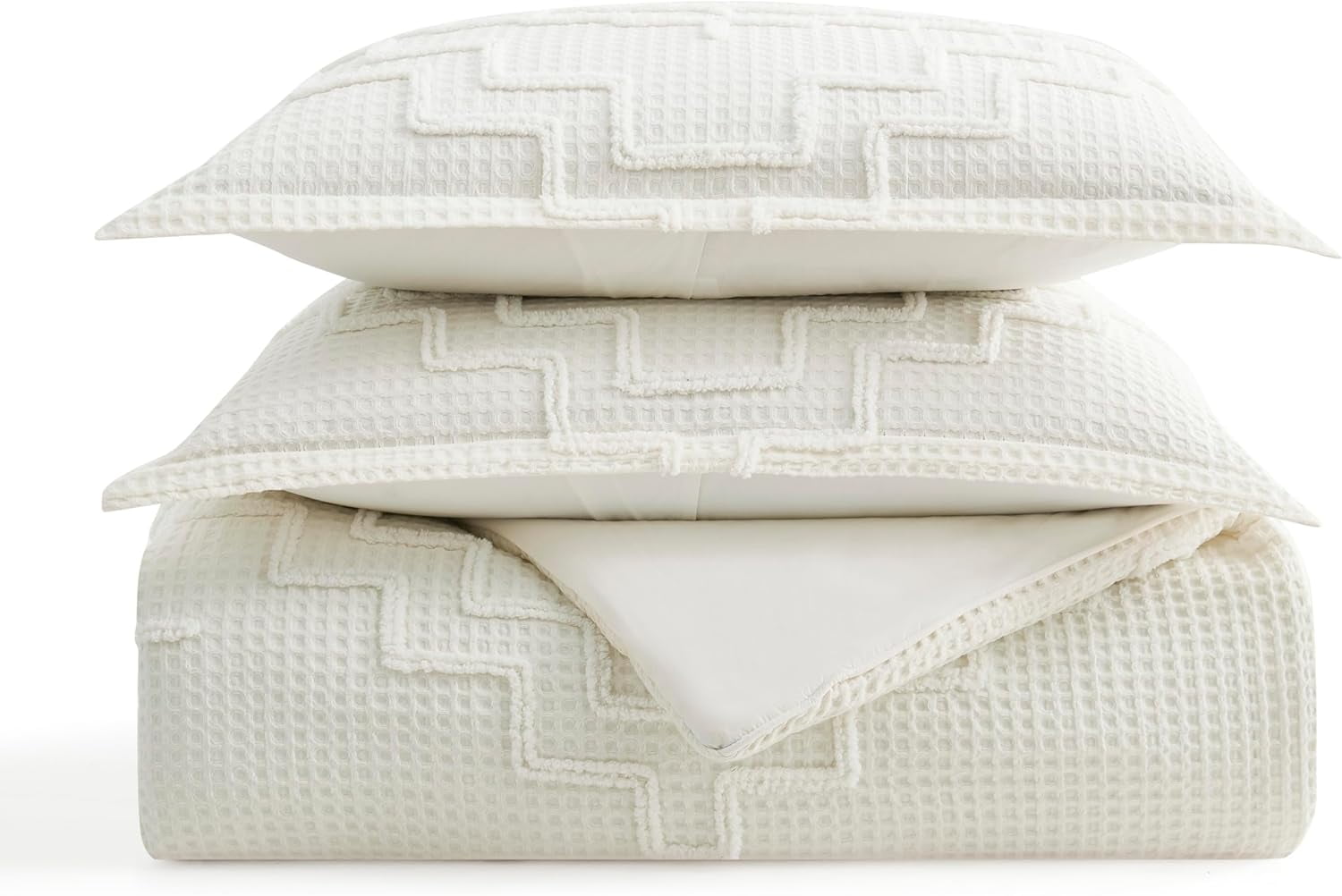 100% Cotton Bedding Set with Kiva Steps Pattern, Ivory, Tufted Waffle Texture, Includes Shams ...