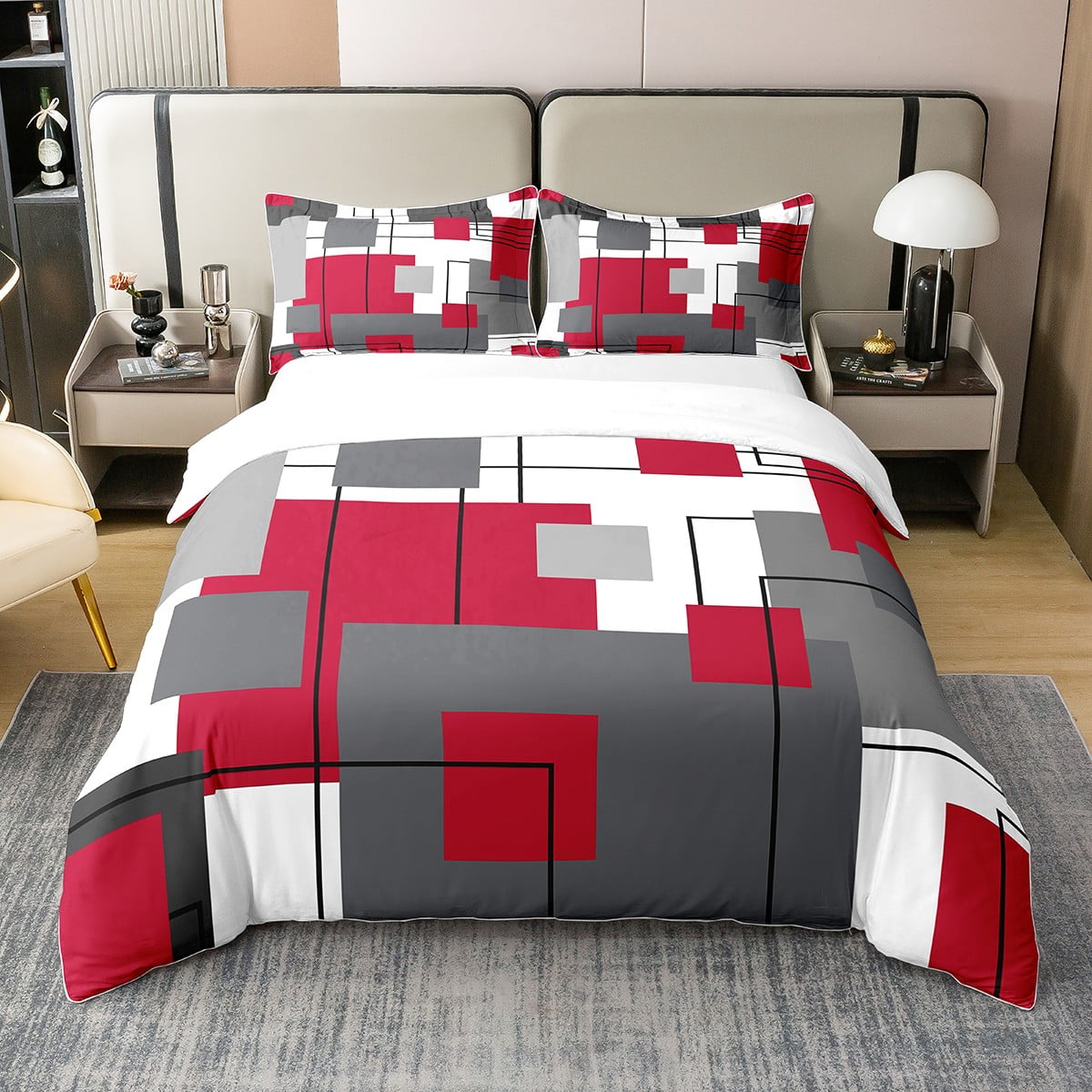 100% Cotton Black Grey Red Comforter Cover Full Geometry Square Bedding ...