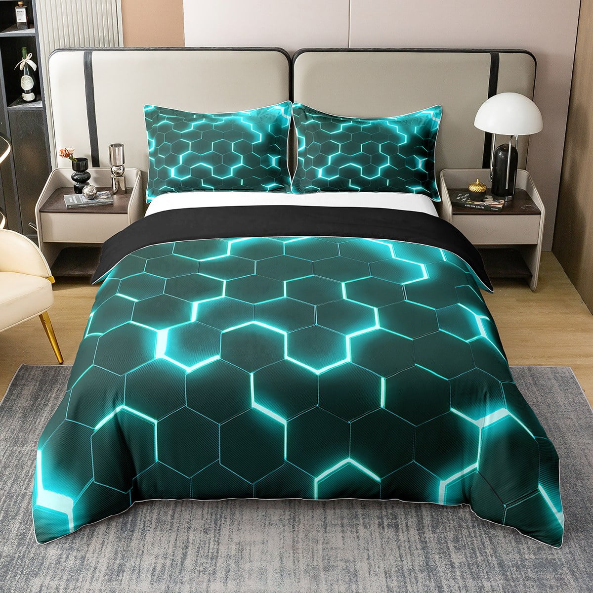 100% Cotton Boys Full Bedding Set,Honeycomb Geometric Duvet Cover,Neon ...