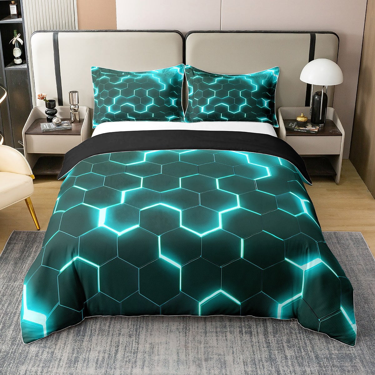 100% Cotton Boys King Bedding Set,Honeycomb Geometric Duvet Cover,Neon ...