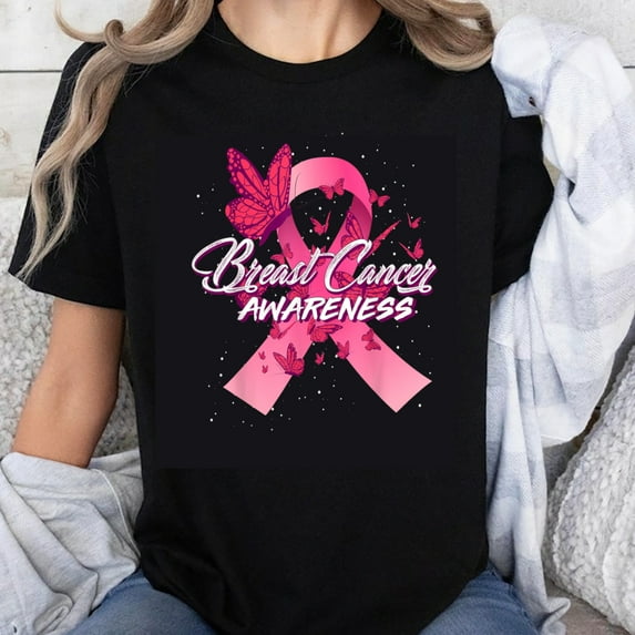 100% Cotton Breast Cancer Awareness Pink Ribbon Butterfly Design T ...