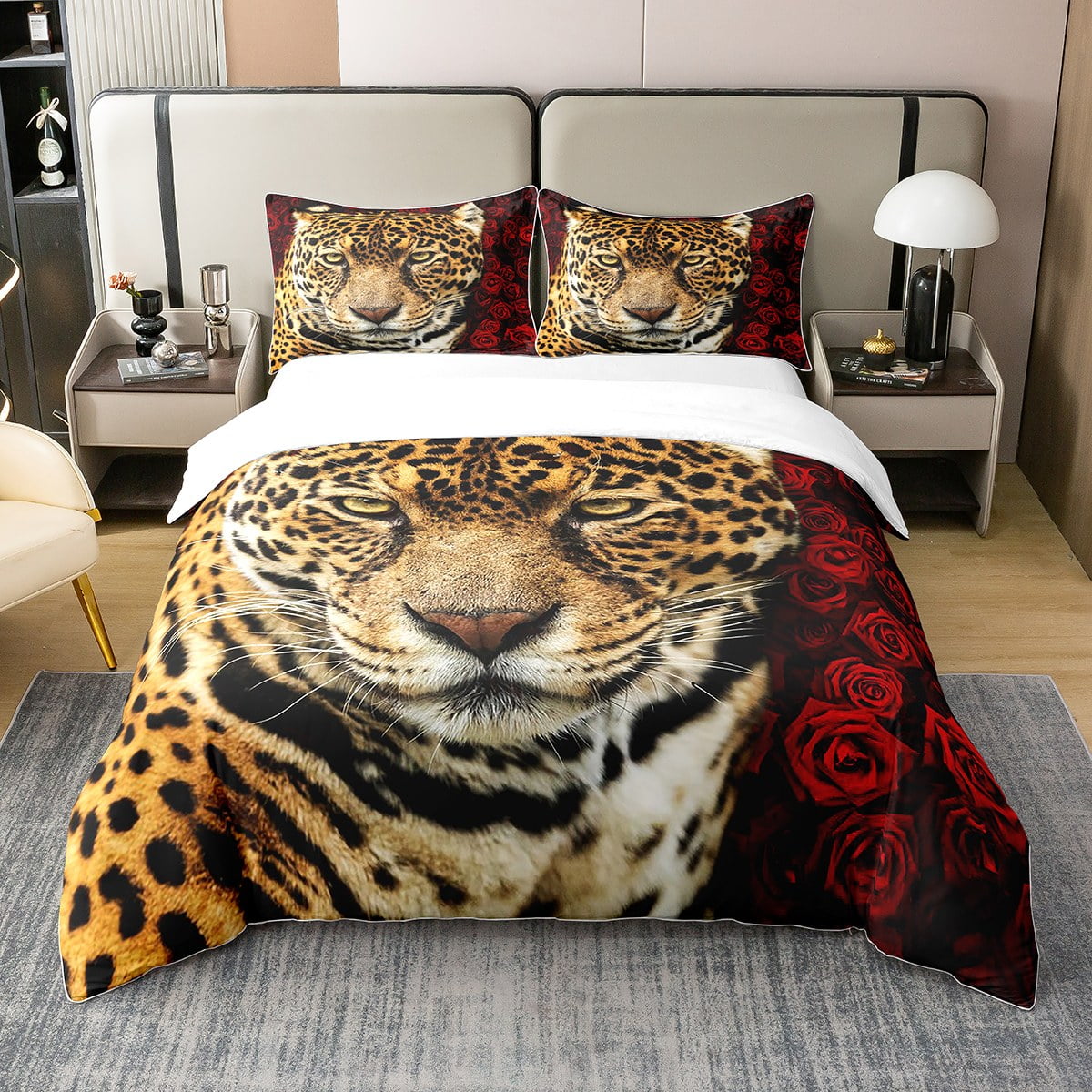 100% Cotton Brown Leopard Bedding Set Twin Red Rose Comforter Cover for ...