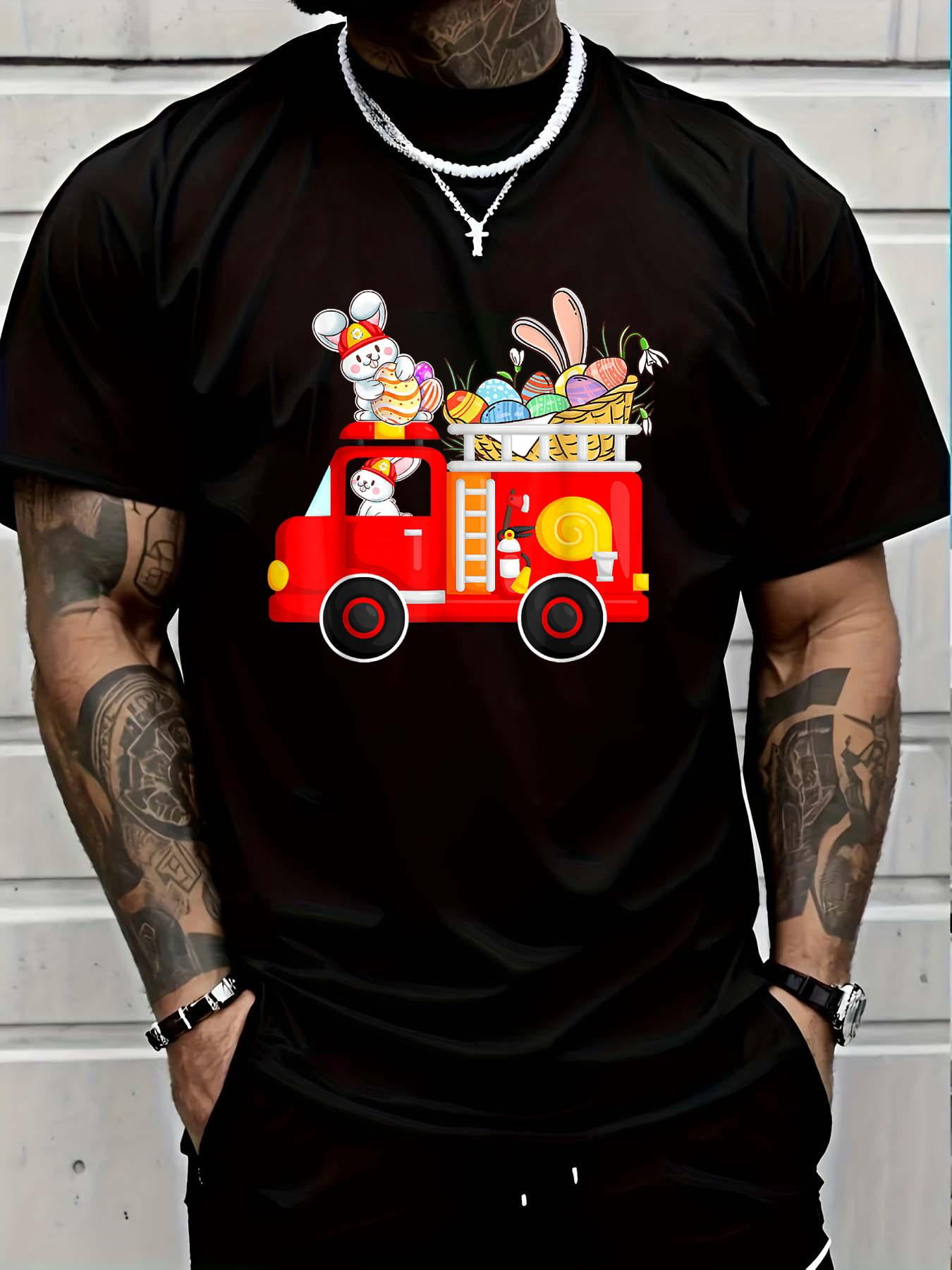 100% Cotton Bunny Riding Firetruck Easter Day Firefighter Happy Easter ...