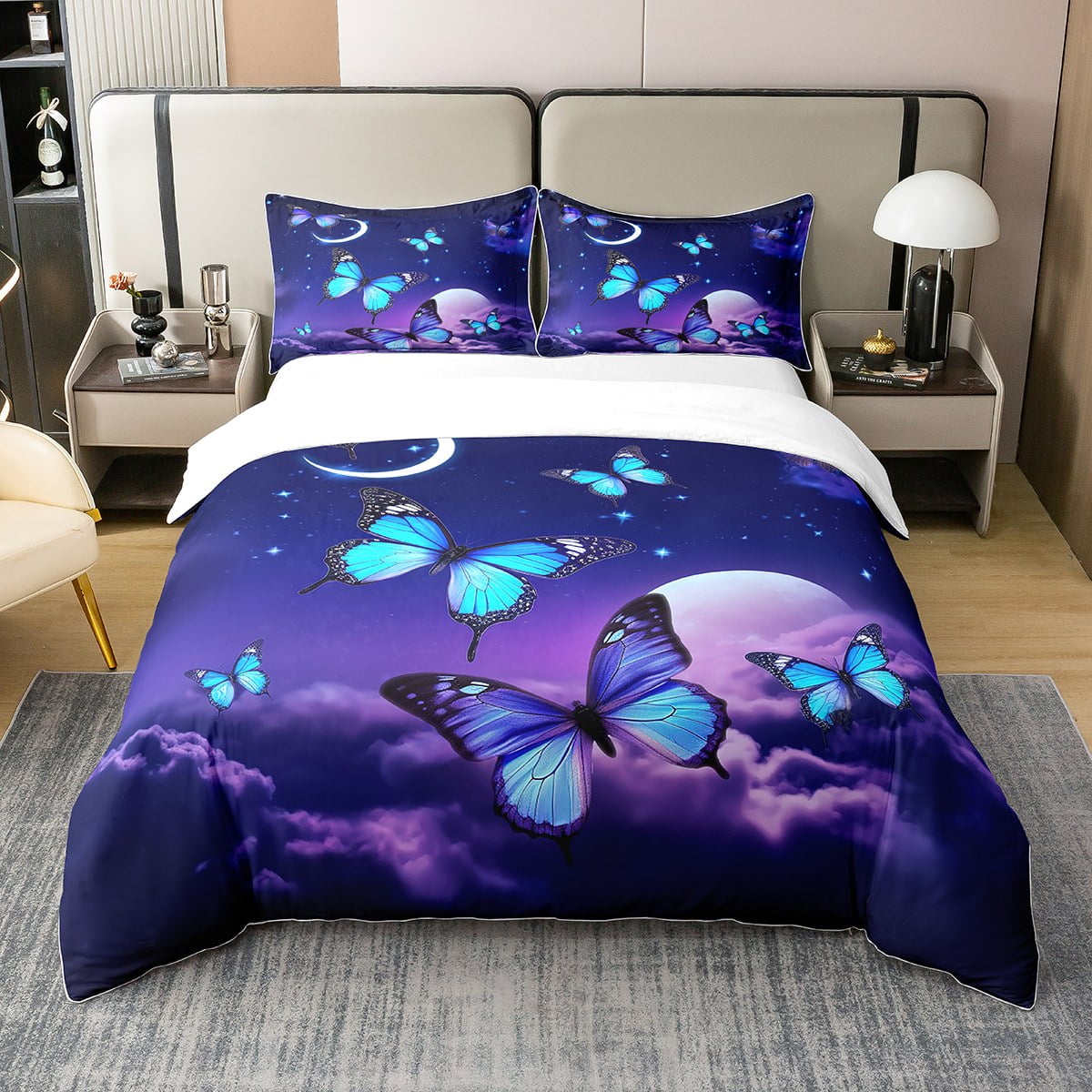 100% Cotton Butterfly Bedding Set Twin Blue Purple Starry Sky Galaxy ...