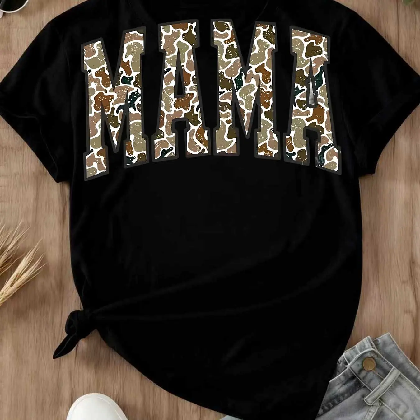 100% Cotton Camouflage Mama Print T-Shirt White Crew Neck Casual Top ...