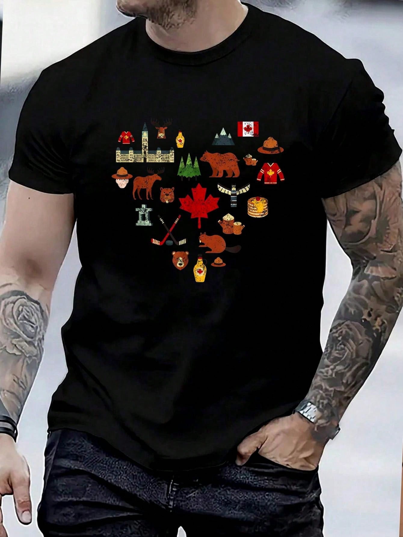 100% Cotton Canadian Vintage Symbols Canada Flag Maple Leaf RCMP T ...