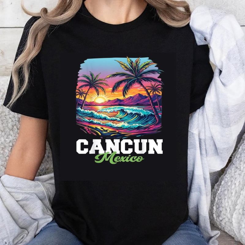 100% Cotton Cancun Mexico Tropical Sunset Palm Trees Beach Wave Design ...