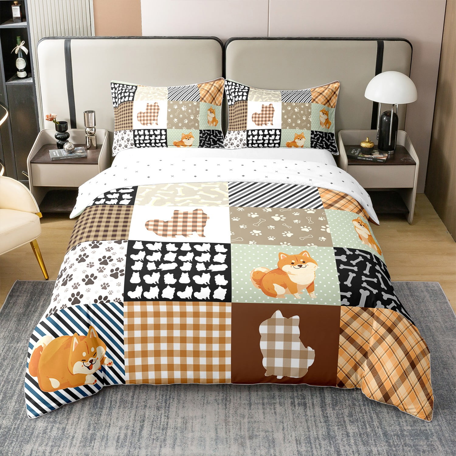 100% Cotton Cartoon Dog Bedding Set Queen,Shiba Inu Comforter Cover ...