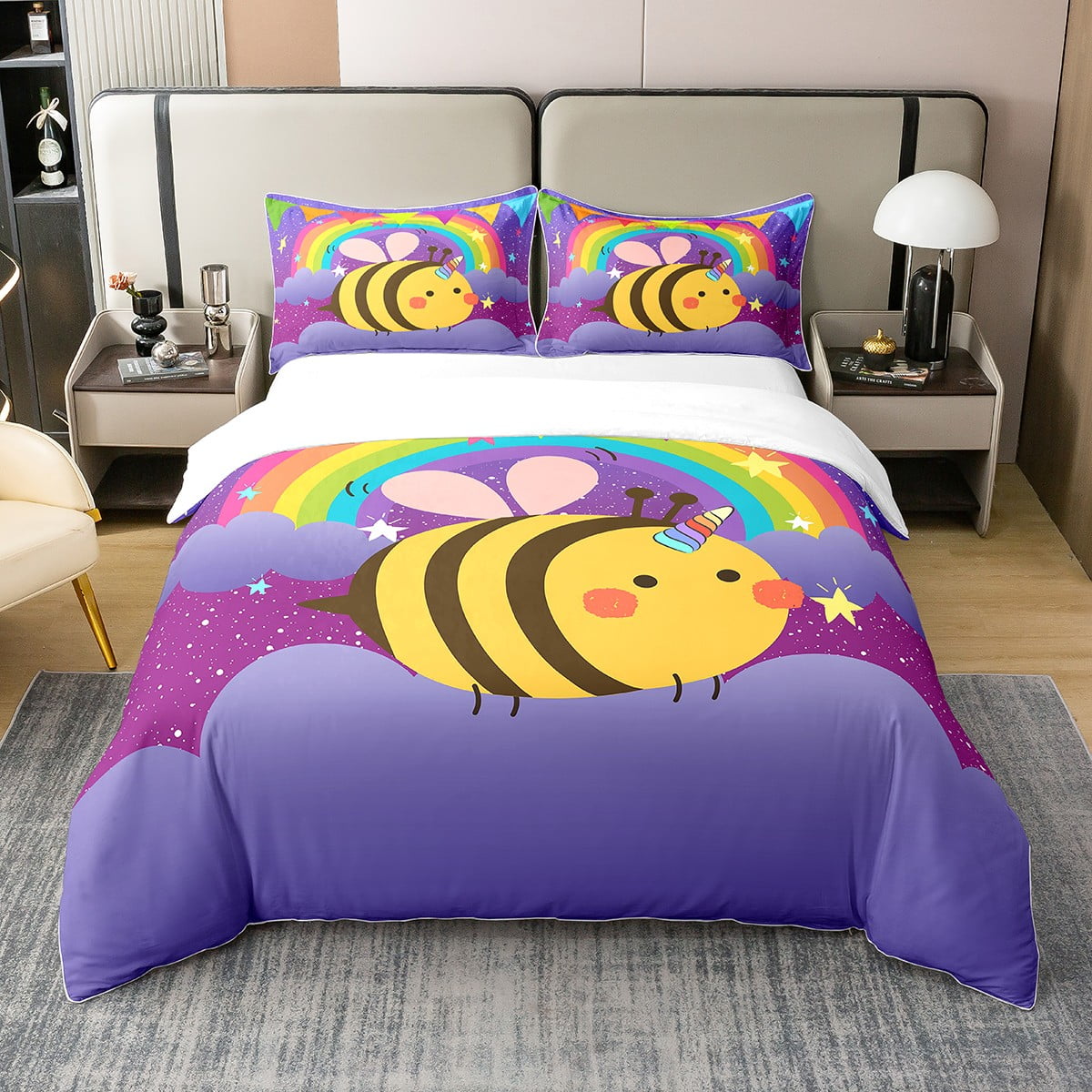 100% Cotton Cartoon Yellow Bee Duvet Cover King Girls Bedding Set Kids ...