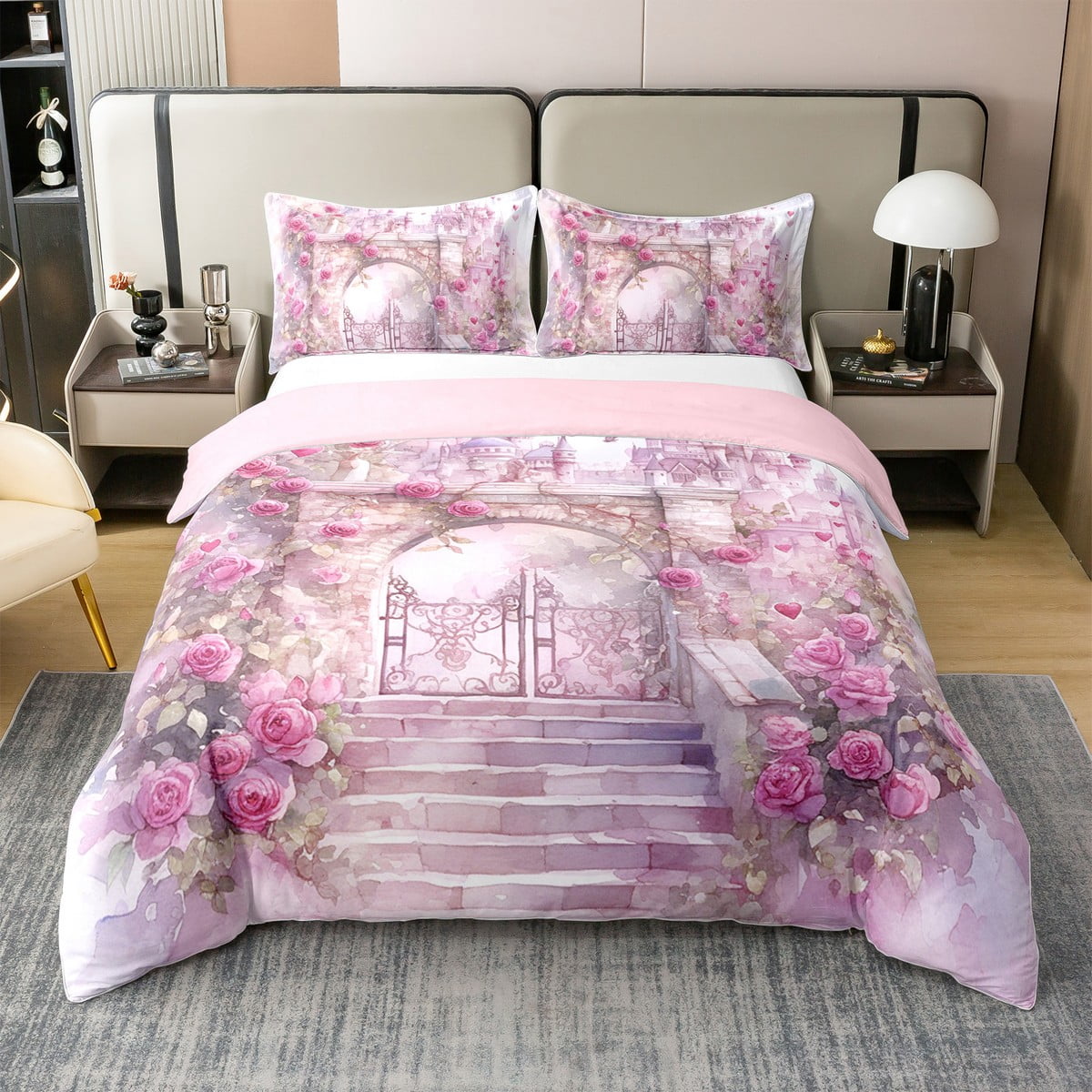 100% Cotton Castle Duvet Cover Full Size, Romantic Roses Florals Garden ...