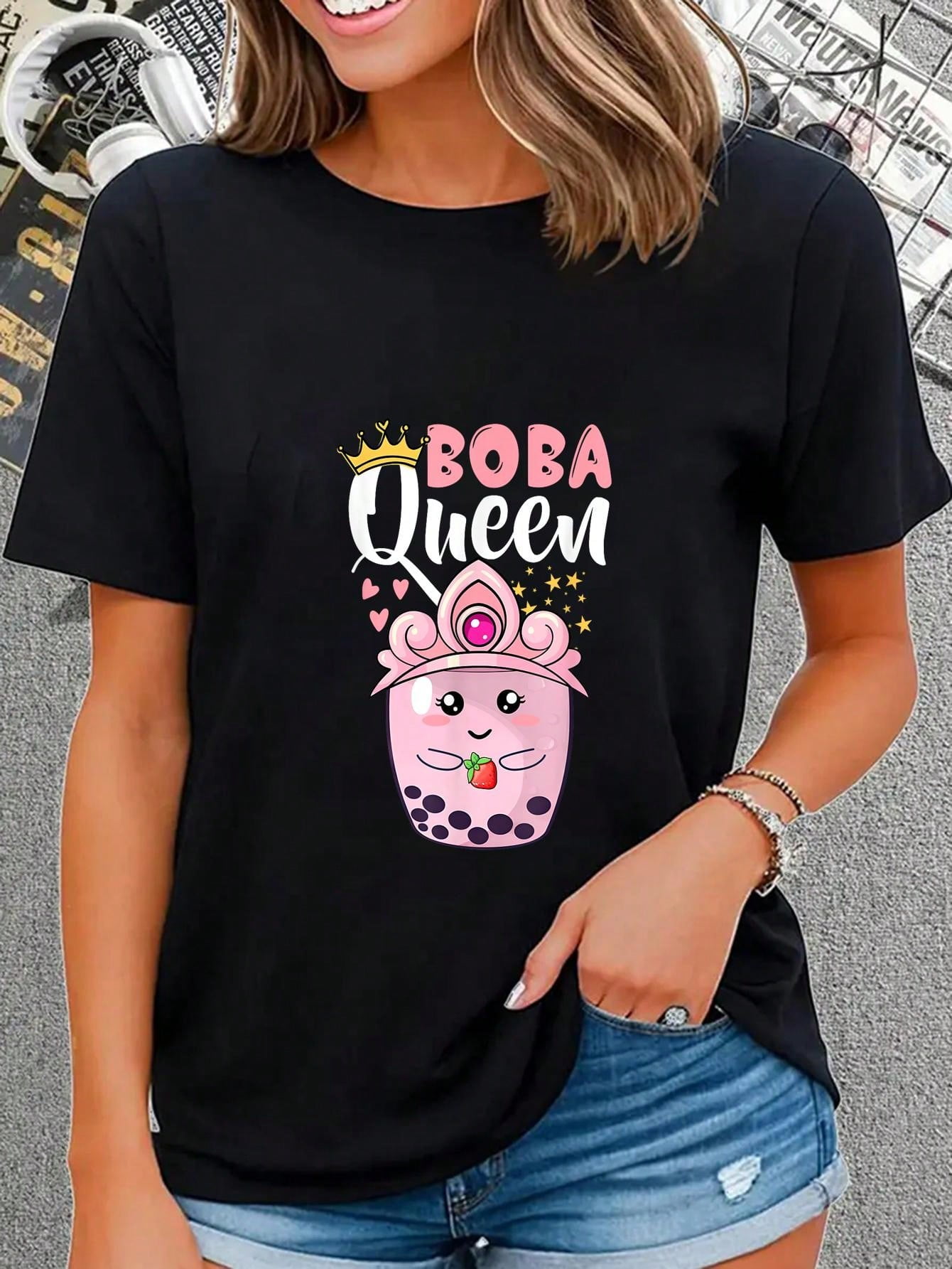 100% Cotton Casual Tshirt Boba Queen For Girls Boba Bubble Tea Kawaii ...