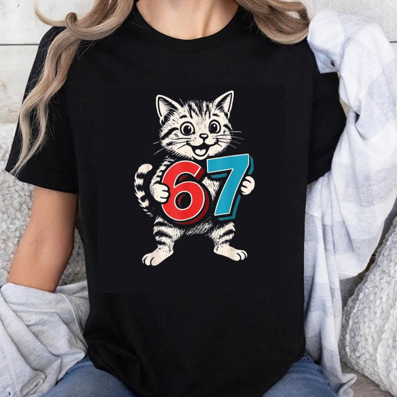 100% Cotton Cat Holding Number 67 Cute Animal Graphic Design Fun ...