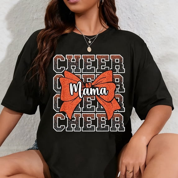 100% Cotton Cheer Mama Mom Bow Sport Cheerleader Cheerleading Orange T ...