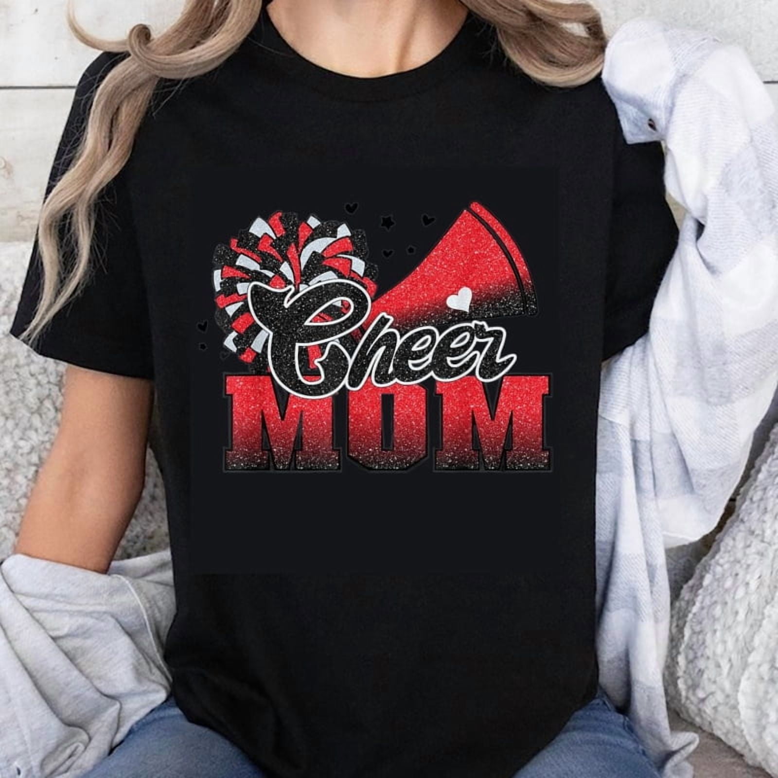 100% Cotton Cheer Mom T-Shirt with Pom Pom and Megaphone Design, Red ...