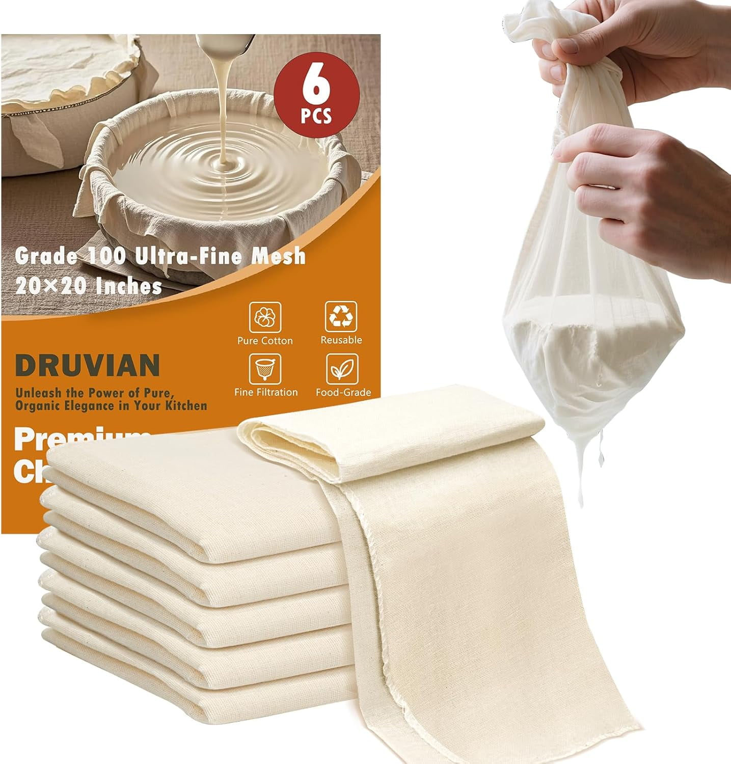 100% Cotton Cheesecloth 6-Pack, 20x20 Inch Reusable Straining Cloth for ...