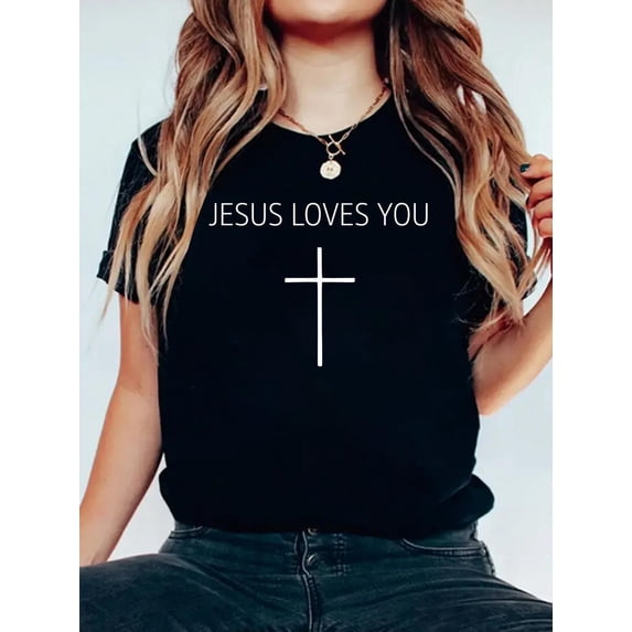 100% Cotton Christian Jesus Loves You Cross Minimal Faith Message T ...