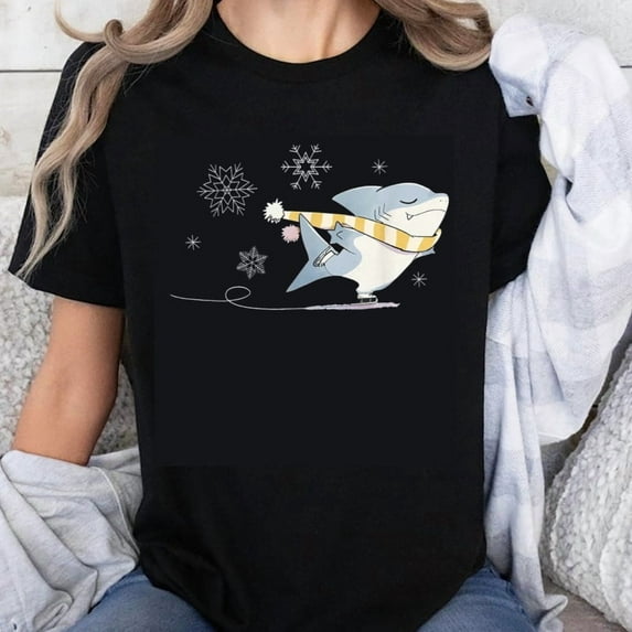 100% Cotton Christmas Shark With Scarf And Snowflakes Holiday Funny ...