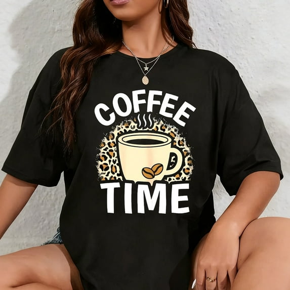 100% Cotton Coffee Time Cute Leopard Print Coffee Lover Women Girls T ...
