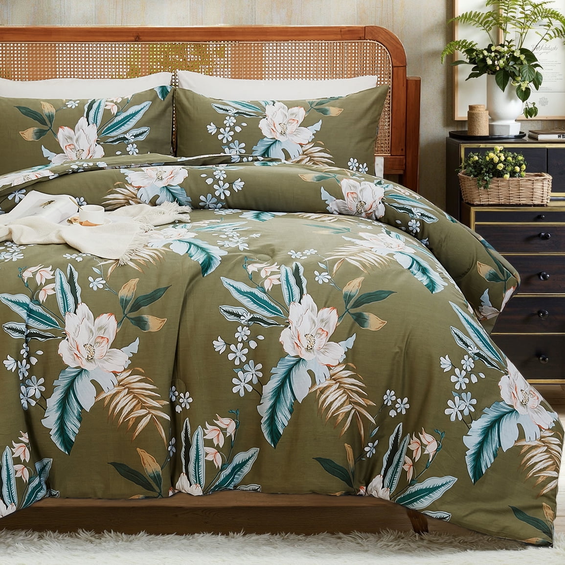 100% Cotton Comforter Set Queen Size, Botanical Floral Comforter with 2 ...
