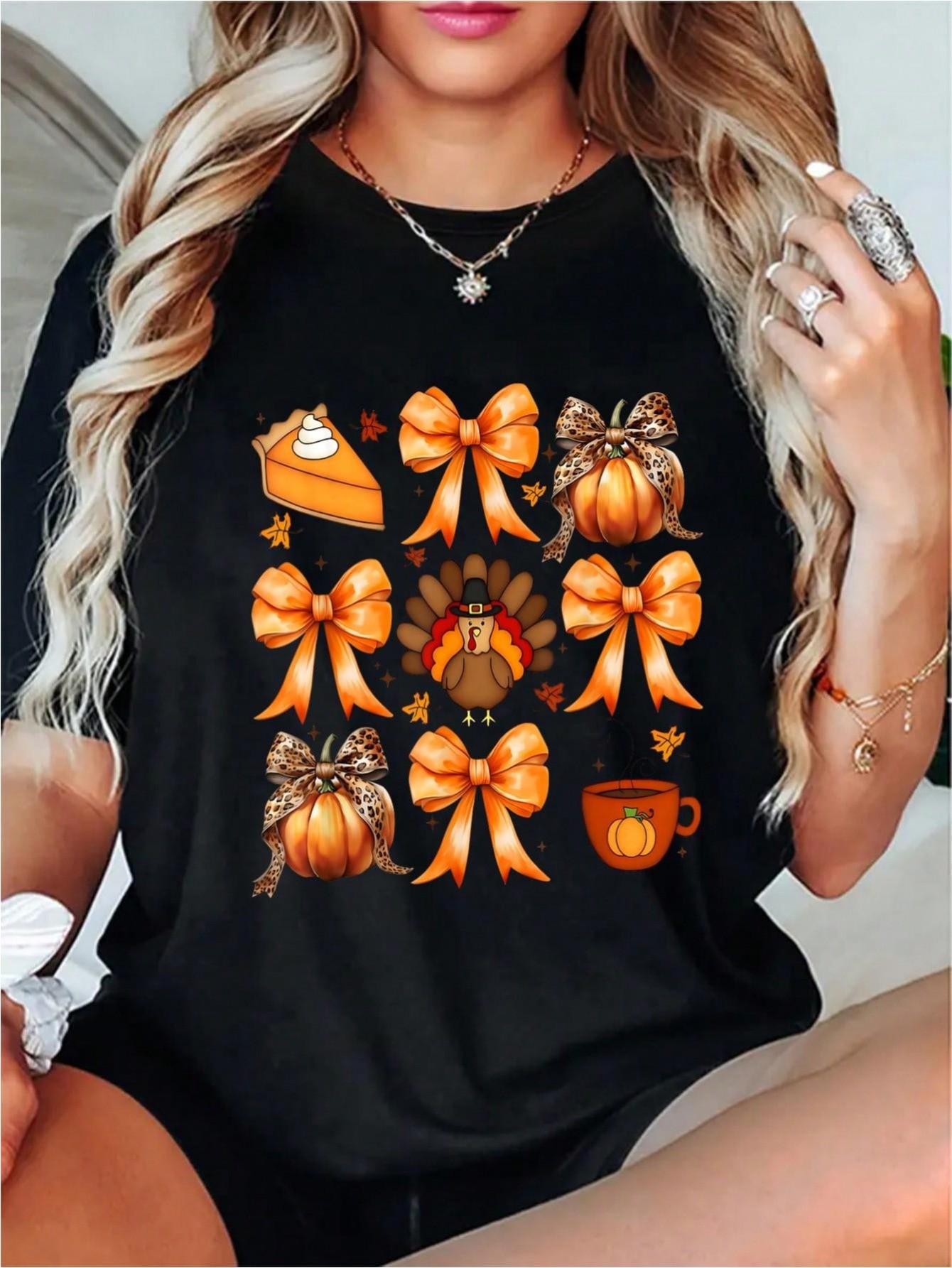 100% Cotton Coquette Bow Pumpkin Pie Turkey Thanksgiving Autumn Fall T ...