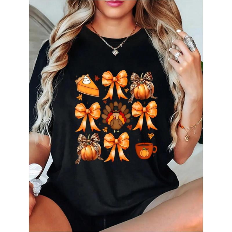 100% Cotton Coquette Bow Pumpkin Pie Turkey Thanksgiving Autumn Fall T ...