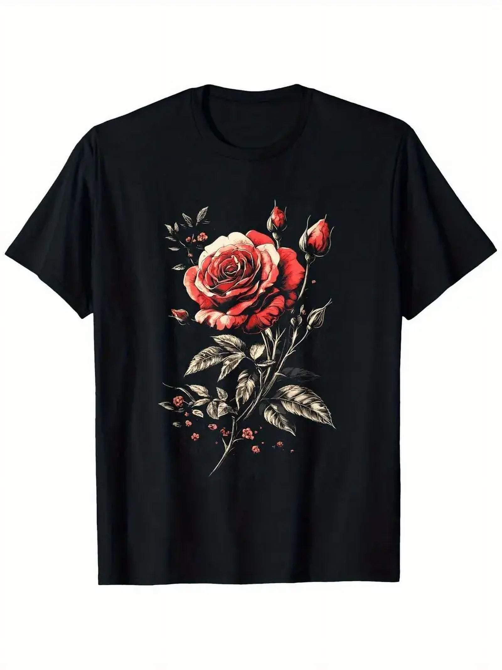 100% Cotton Crew Neck Short Sleeve Tee with Red Rose & Green Leaf Print ...