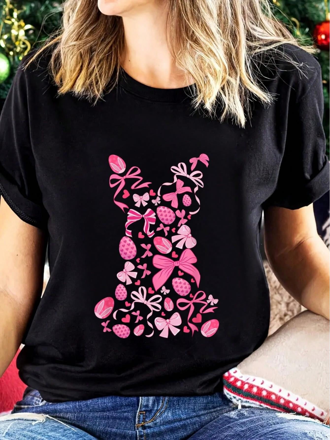 100% Cotton Cute Easter Bunny Coquette Bow Happy Easter Day, Women's ...