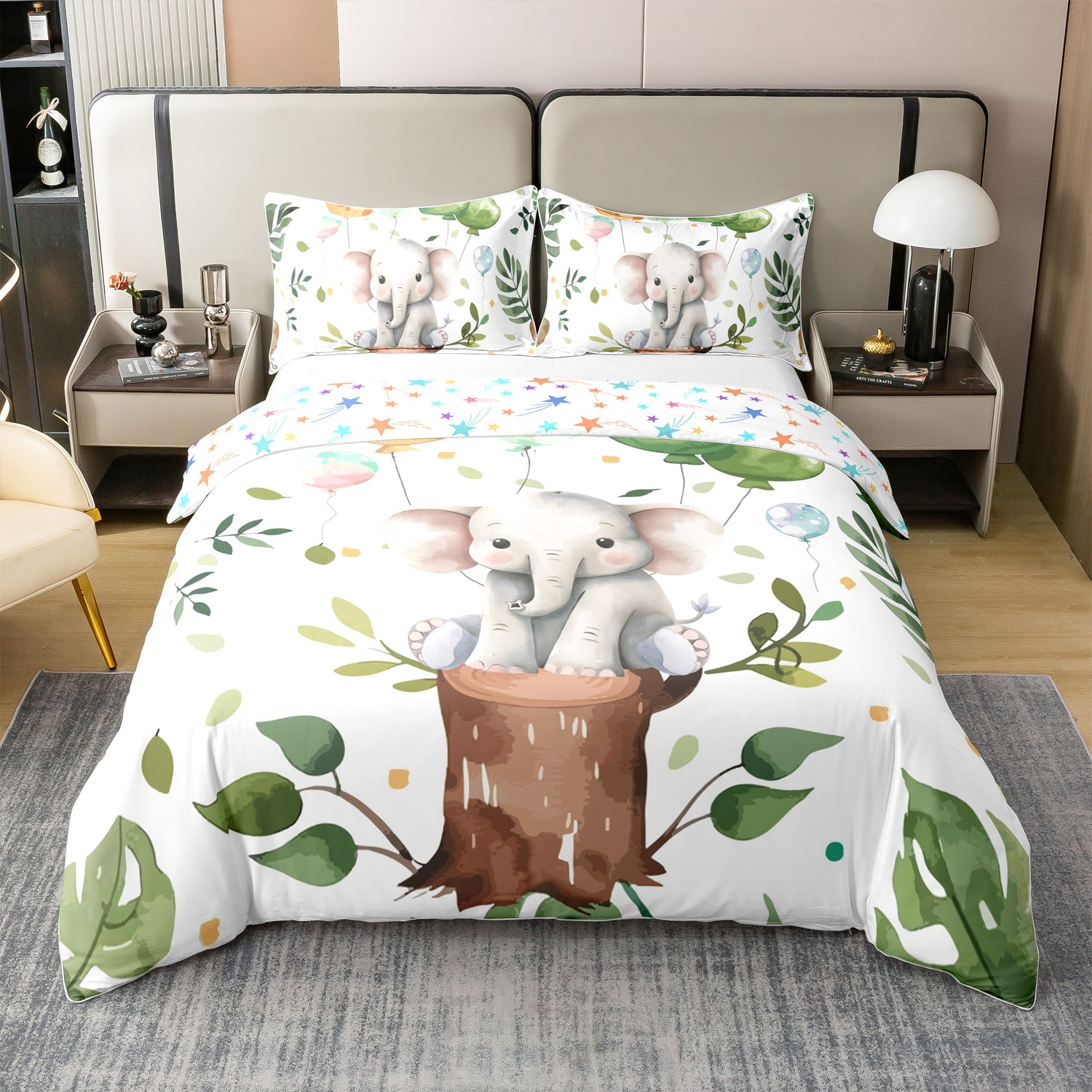 100% Cotton Cute Elephant Duvet Cover Queen Size, Kawaii Animals ...