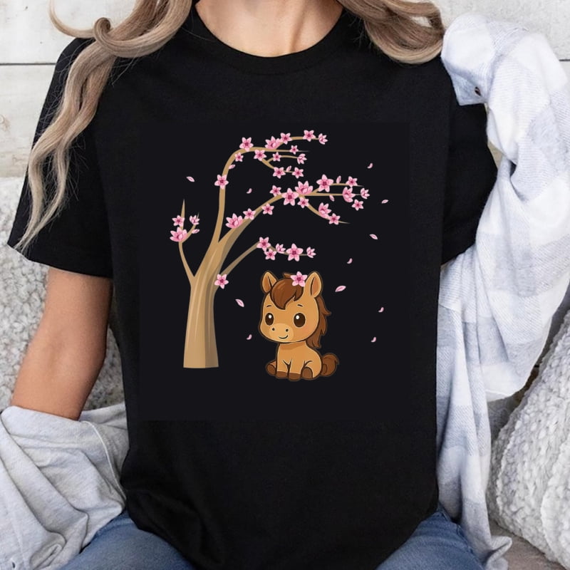 100% Cotton Cute Horse Under Cherry Blossom Tree Spring Floral Animal ...